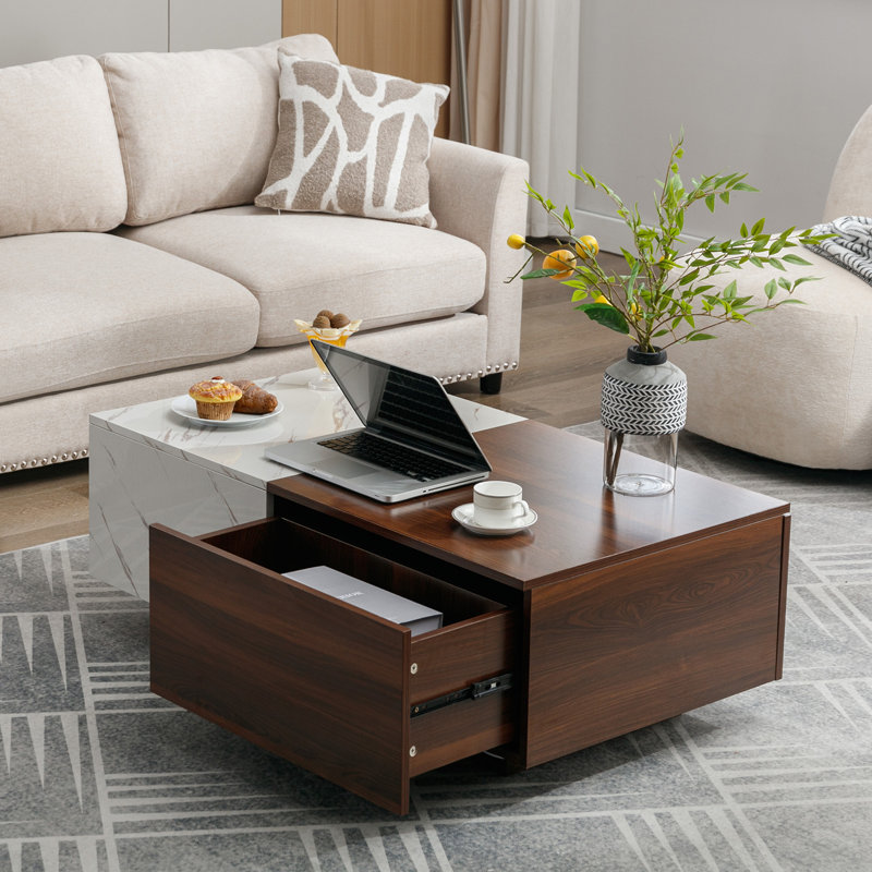 Wrought Studio Hetman White Walnut Rectangle Wood 24 Colors Led Coffee Table with 2 Drawers Reviews Wayfair